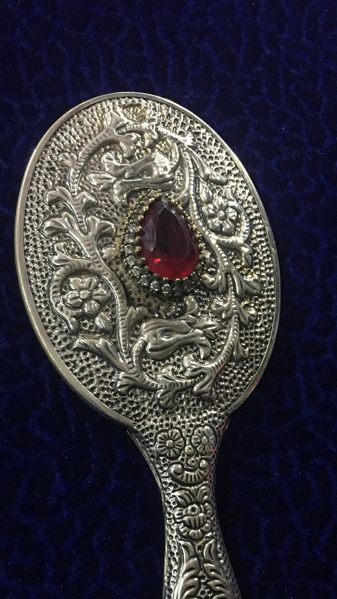 Silver Hand Mirror With Stone in Art Nouveau Style, Floral Pattern ...