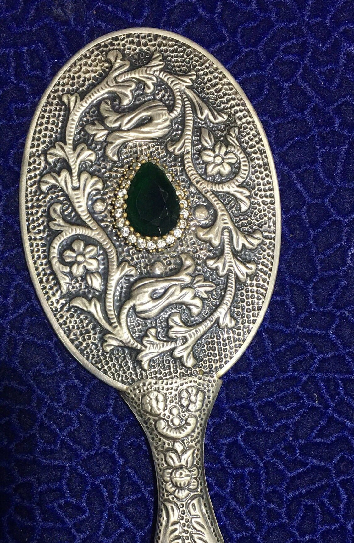 Silver Hand Mirror With Stone in Art Nouveau Style, Floral Pattern ...