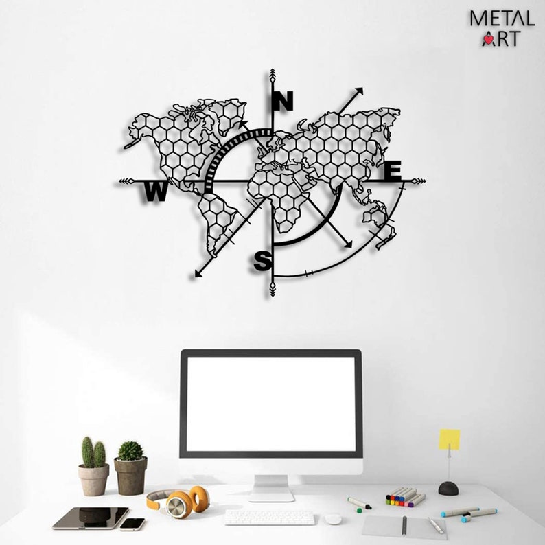 Large Metal World Map World Compass World Map Wall Art Map - Etsy
