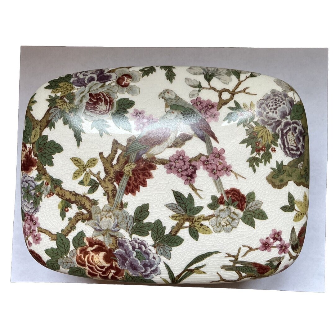 Pottery Barn Kamala Palampore Ceramic Keepsake Bow Box With Lid Parrots ...