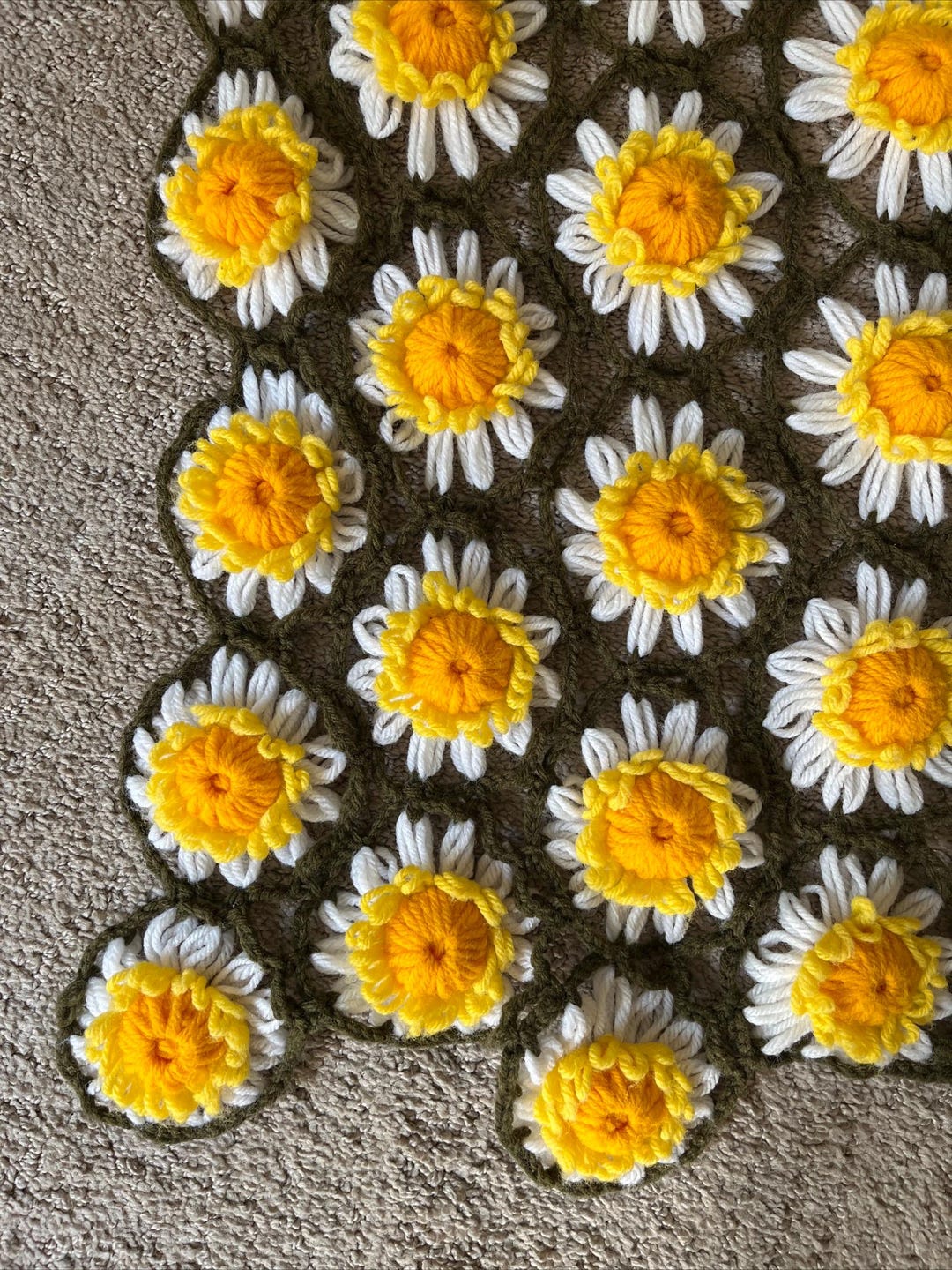 Vintage Crochet Afghan Throw Blanket Yellow Daisy Loom Sunflowers 3D ...