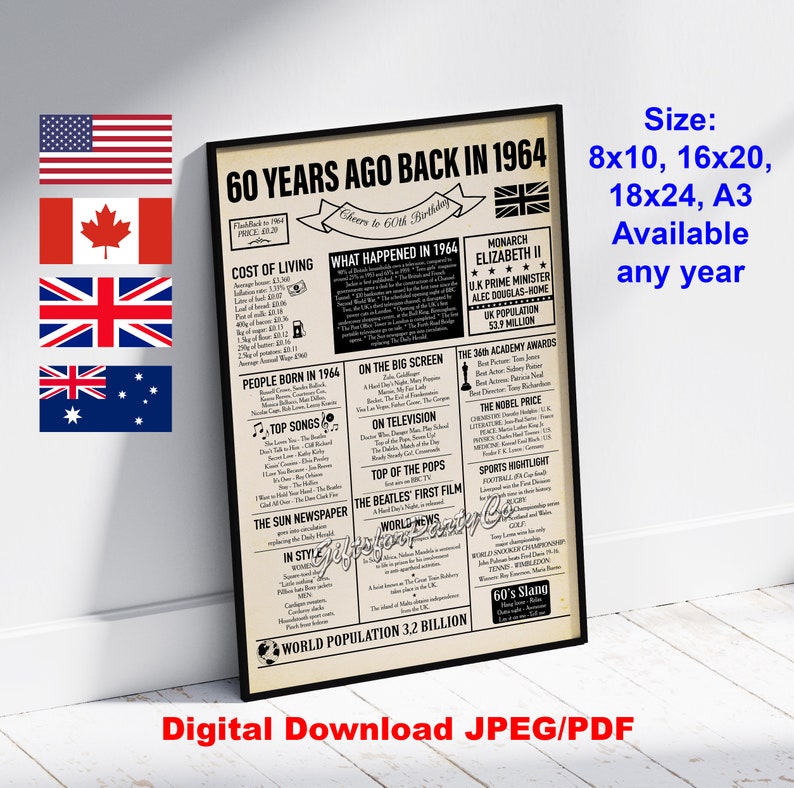 60th Poster, 60th Birthday Poster UK, 60th Birthday, 1964 Birthday UK ...