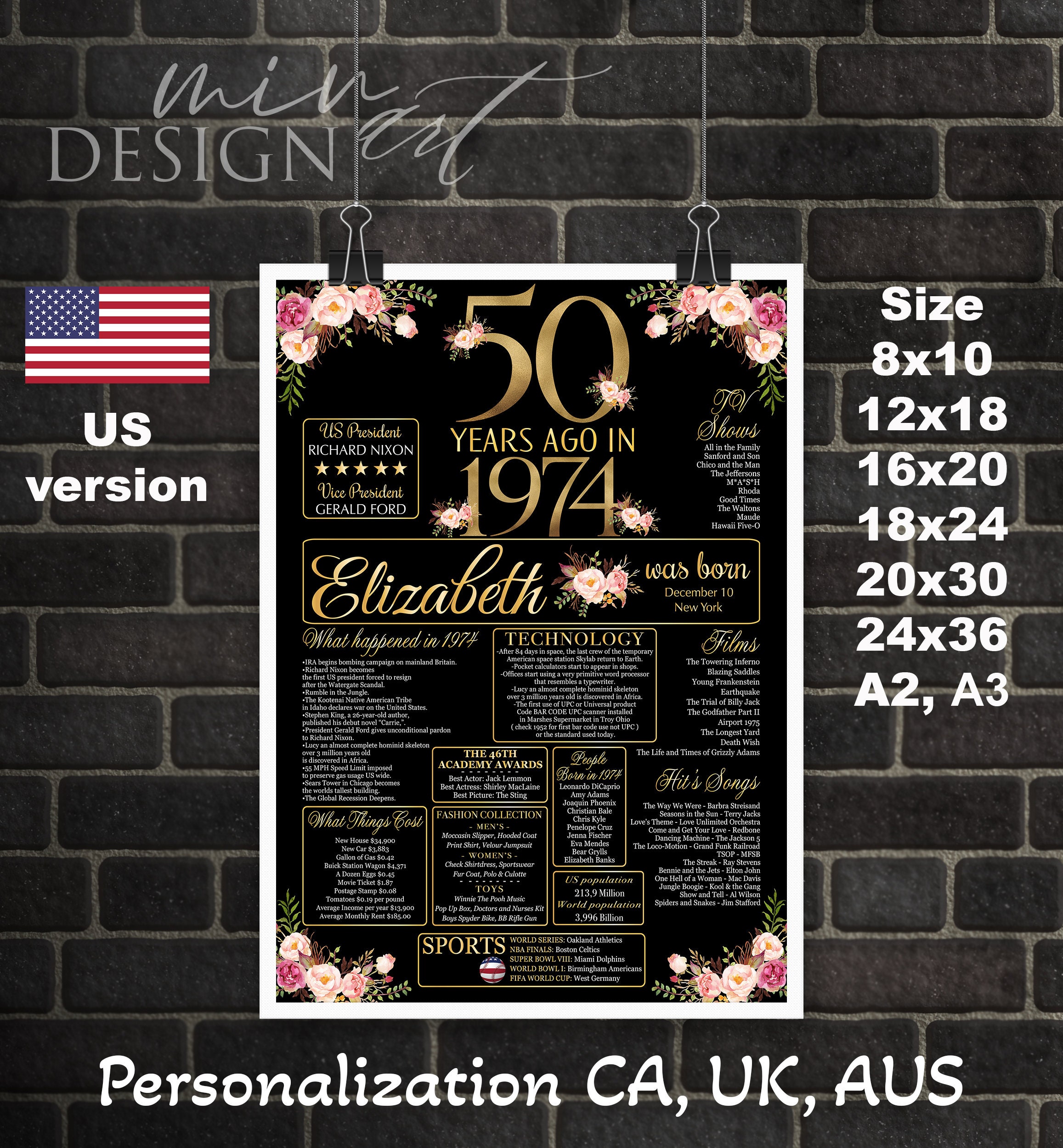 50th Newspaper, 50th Birthday Poster, 1974 Newspaper, 50th Birthday ...