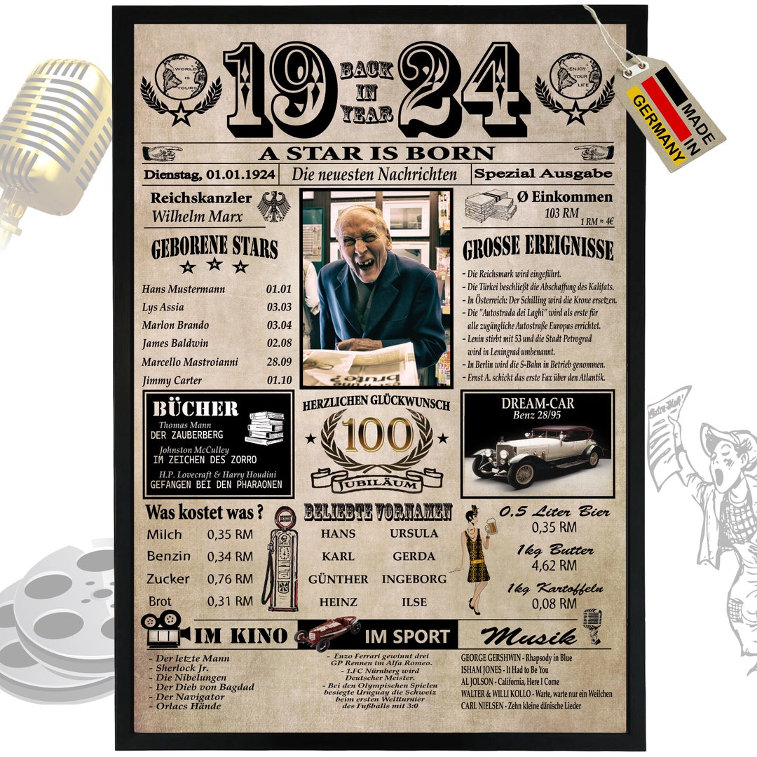 1924 Geschenk zum 100. Geburtstag für Senioren, tolle Geschenkidee, Frau, Chronik, Karte ...