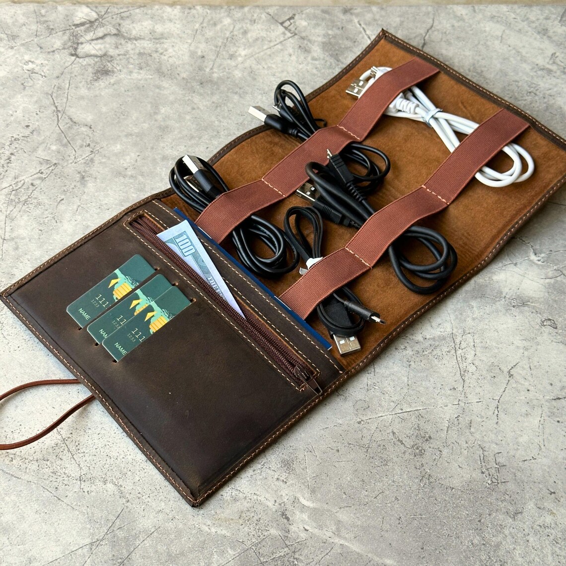 Personalized Leather Cable Organizer, Travel Tech Case, Charger Holder ...