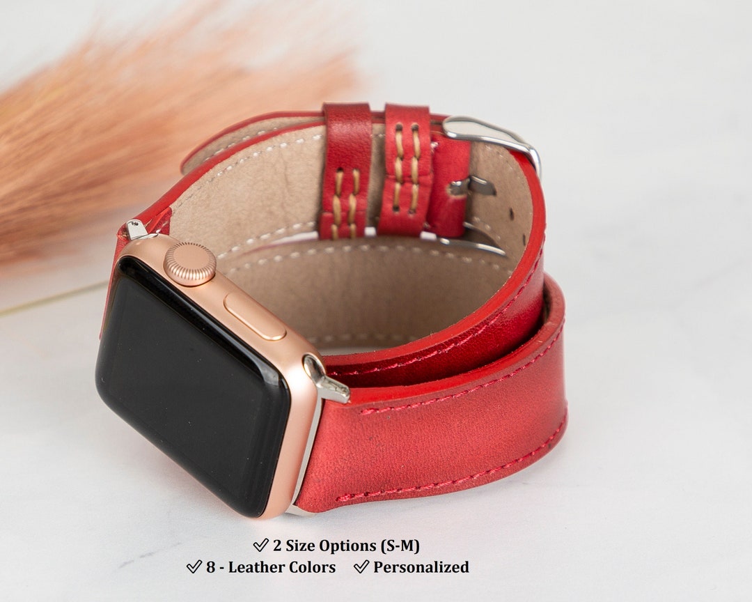 Red Leather Custom iWatch Band, Dual Tour Apple Watch Band 38, 40, 41 ...