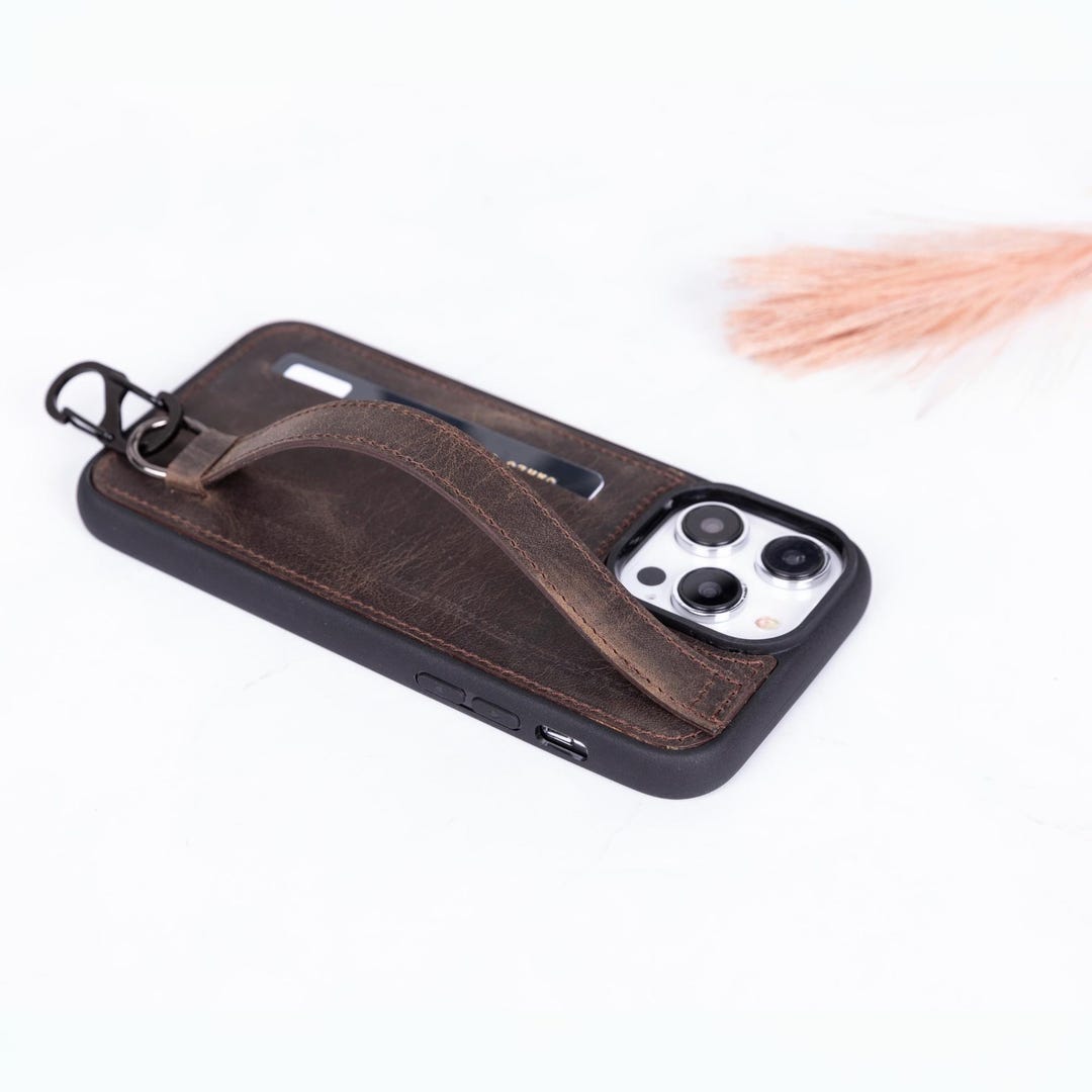 Custom iPhone Case, Grip Holder Case With Strap, Personalized Leather ...