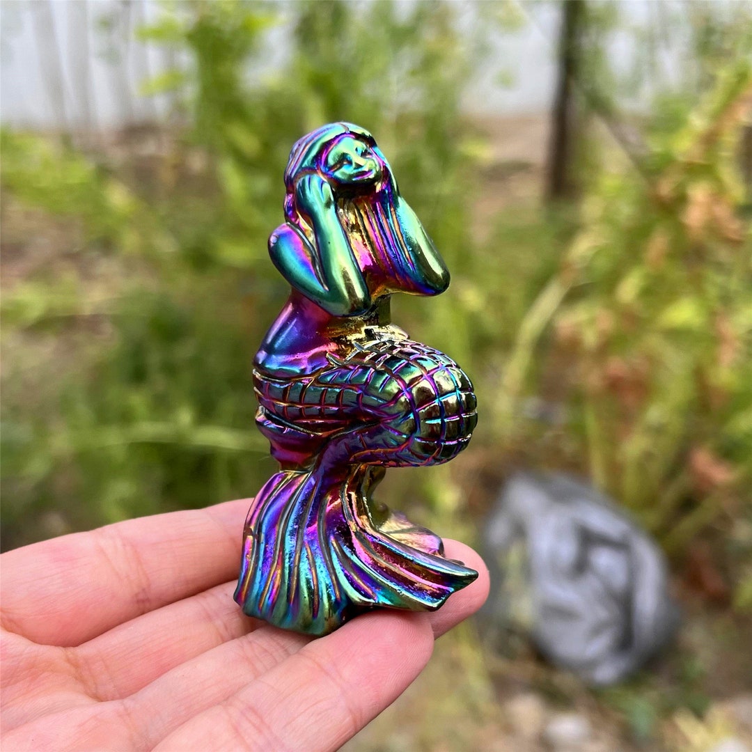 1PC Natural Titanium Rainbow Mermaid Carved,quartz Mermaid Sculpture ...