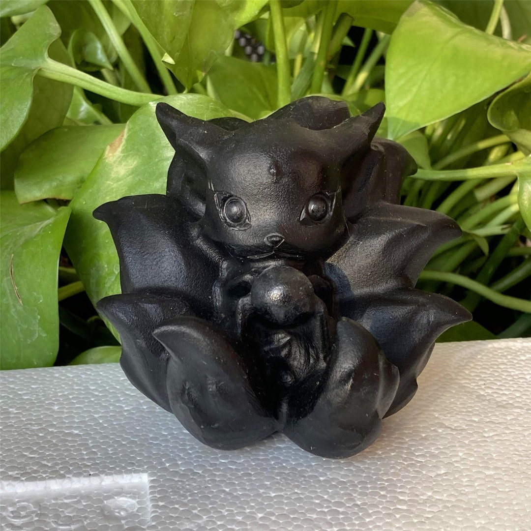 2 Natural Hand Obsidian Fox Elf Skull Carvedcrystal - Etsy