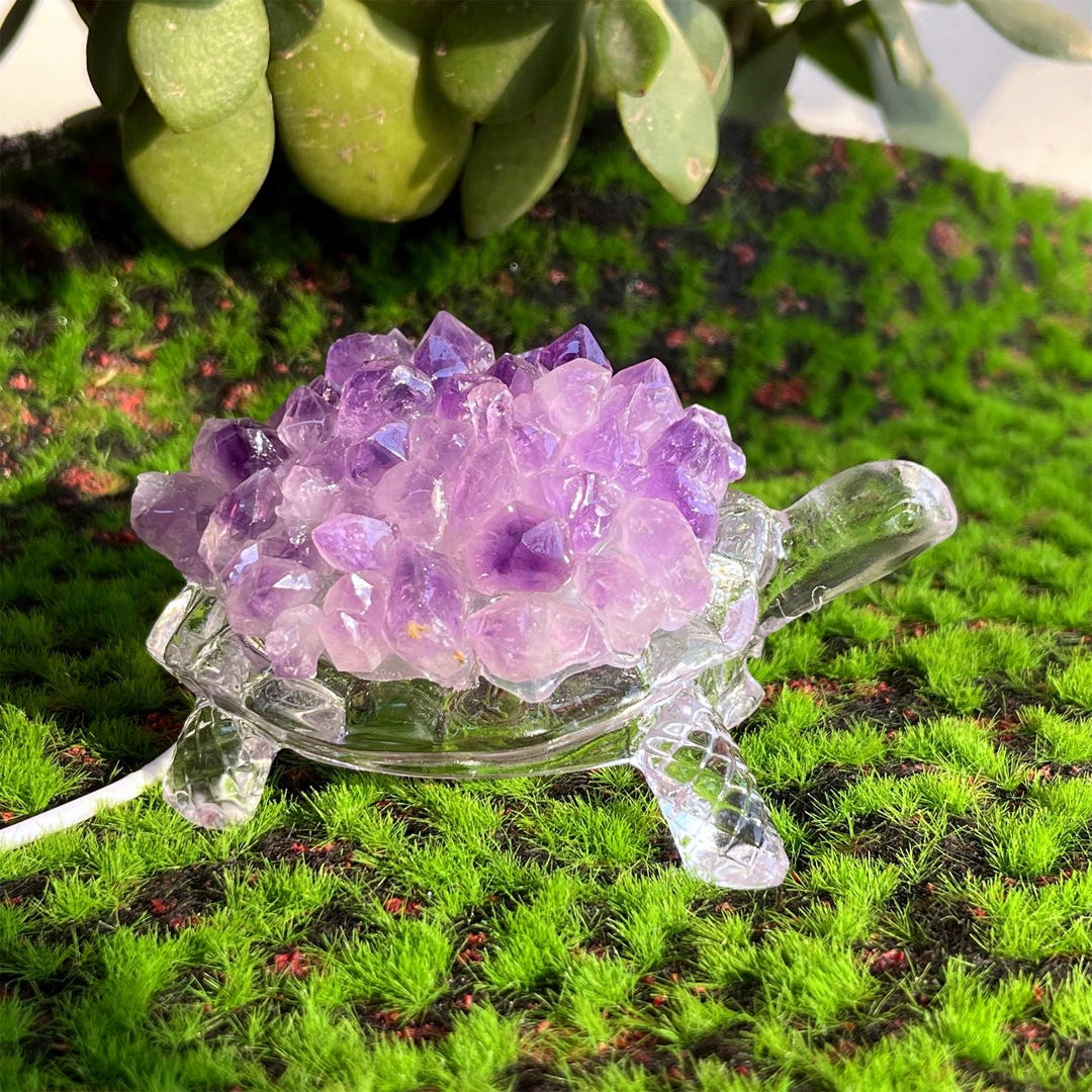 4.4" Natural Amethyst Cluster Tortoise, Clear Quartz Tortoise, Crystal ...