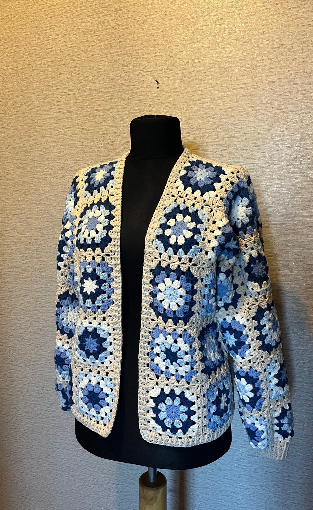 Handmade Blue White Crochet Cardigan, Handmade Granny Square Cardigan ...
