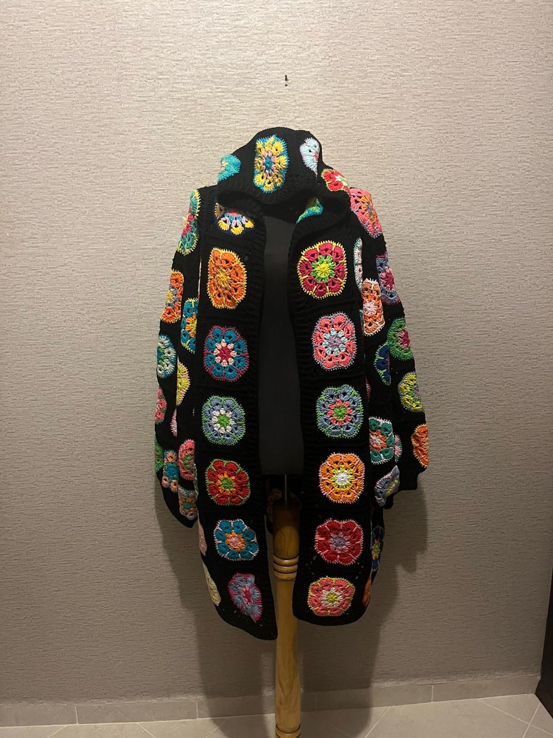 BIG SIZE Handmade Black Crochet Winter Cardigan, Handmade Black Rainbow ...