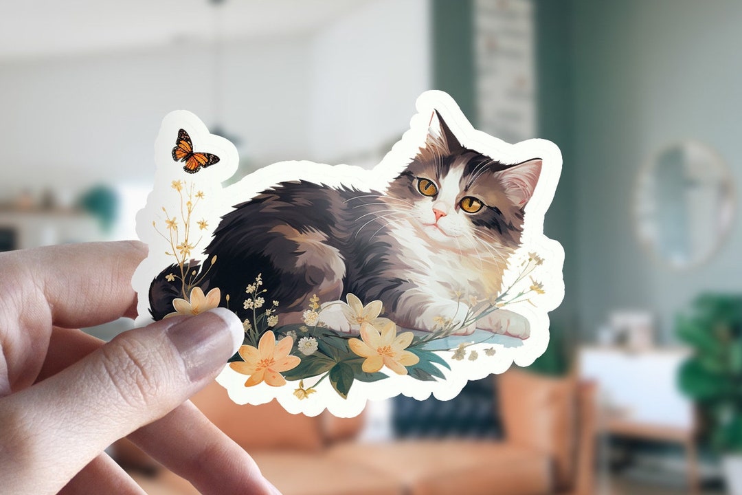 Cute Vinyl Cat Sticker Water Resistant Cat Laying in Flowers Sticker ...