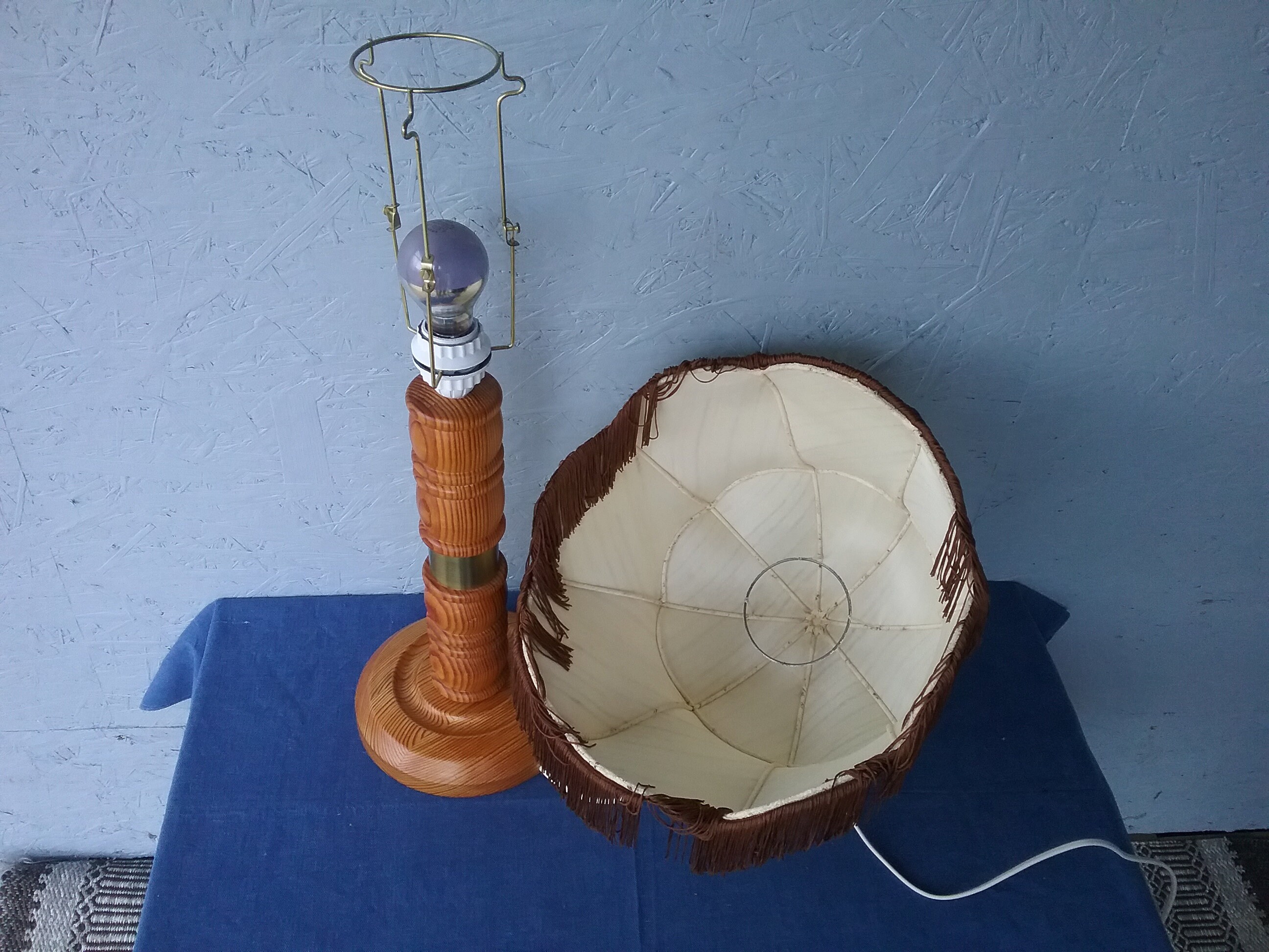 Chunky Retro Wooden Lamp With Lampshade, Turned Wood and Brass Lamp ...