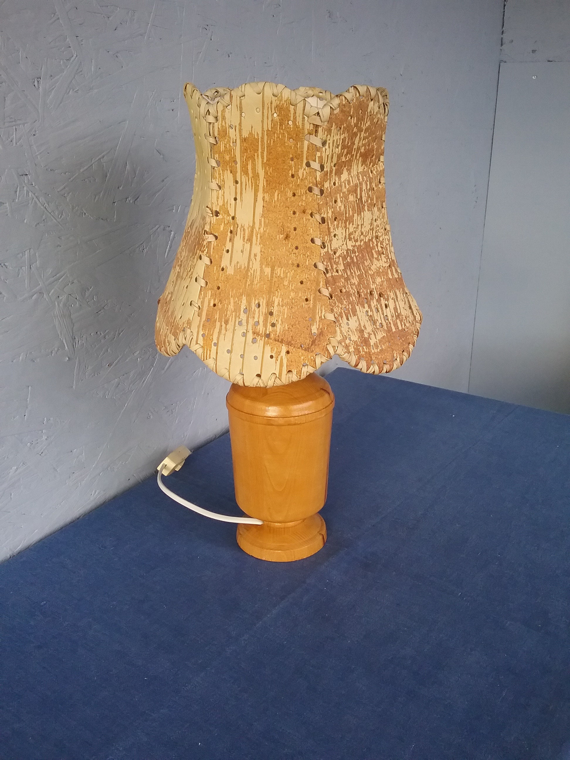 Vintage Scandinavian Wood Table Lamp: Birch Bark Shade, Handmade 1970s ...