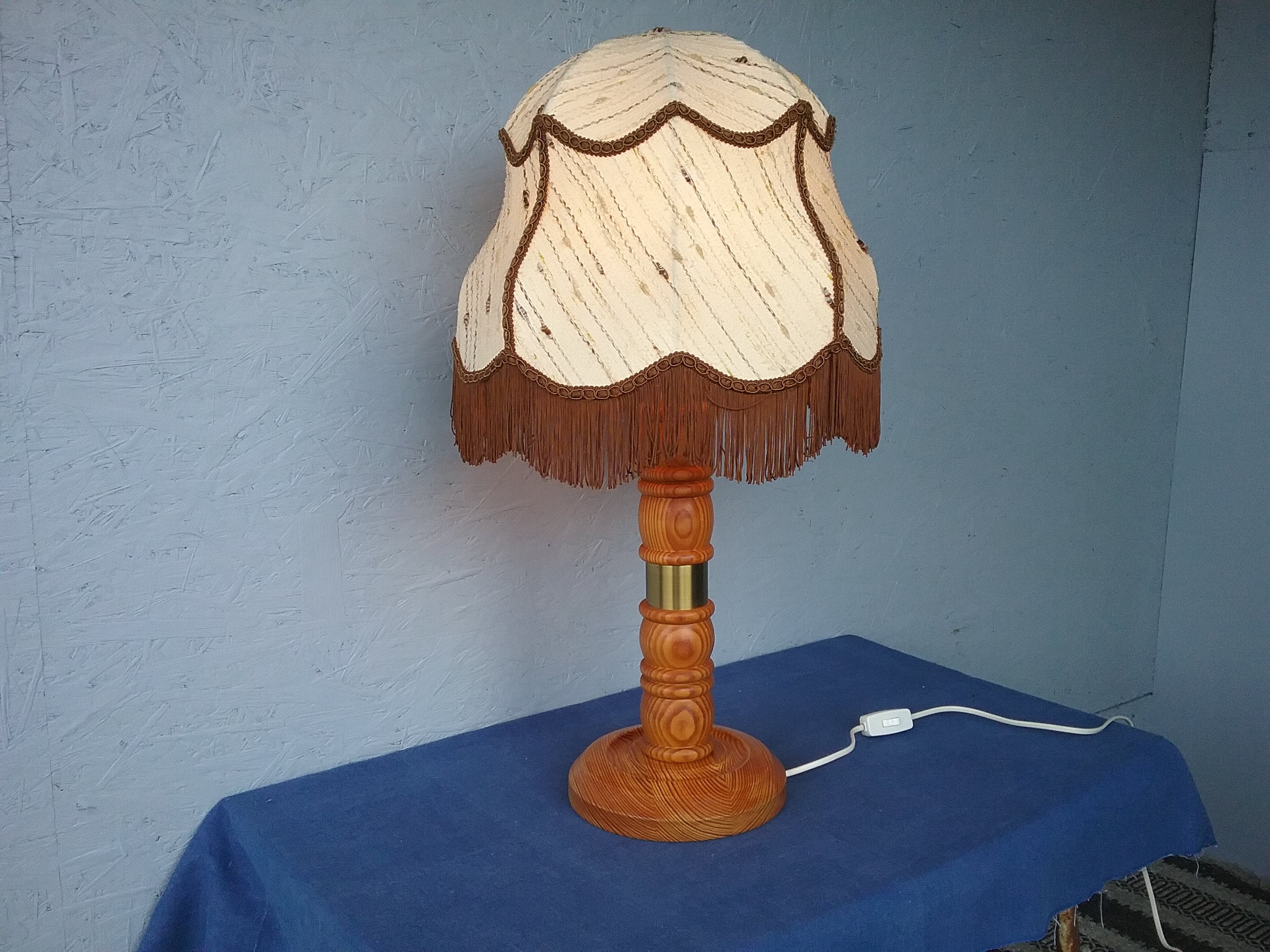 Chunky Retro Wooden Lamp With Lampshade, Turned Wood and Brass Lamp ...