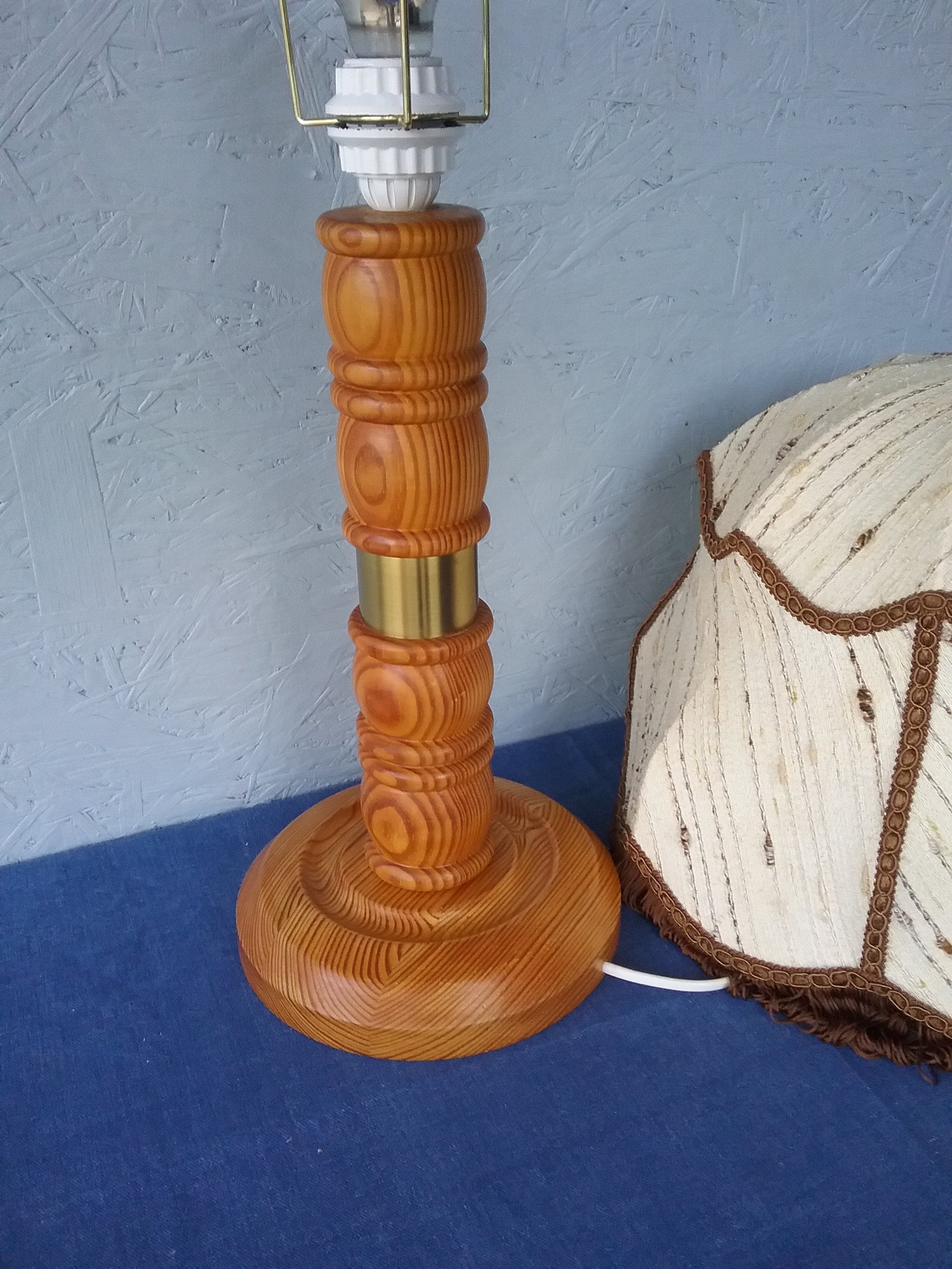 Chunky Retro Wooden Lamp With Lampshade, Turned Wood and Brass Lamp ...