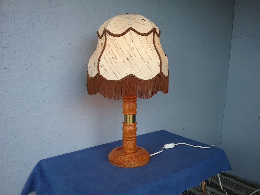 Chunky Retro Wooden Lamp With Lampshade, Turned Wood and Brass Lamp ...