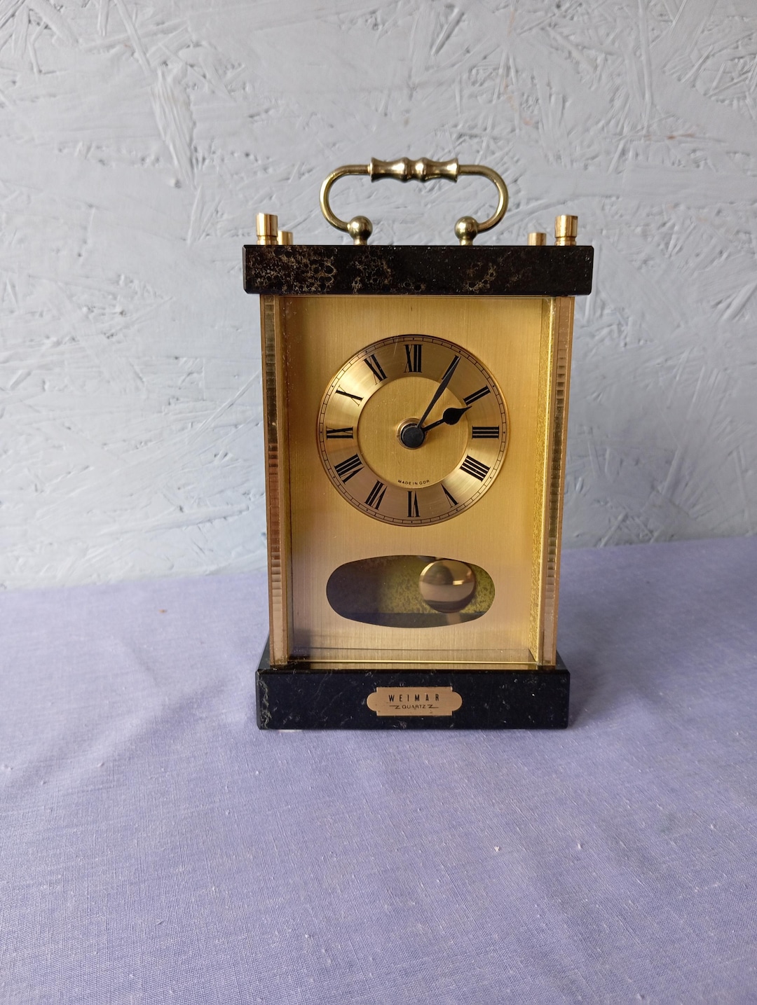 Vintage Weimar Marble Mantel Clock: Brass & Glass German Quartz Clock ...