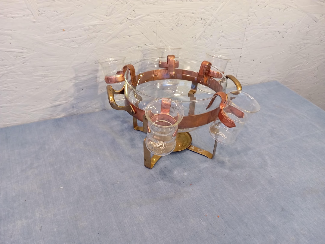 Nils Johan Sweden, Round Glass Bowl in Copper Stand Together With Cups ...