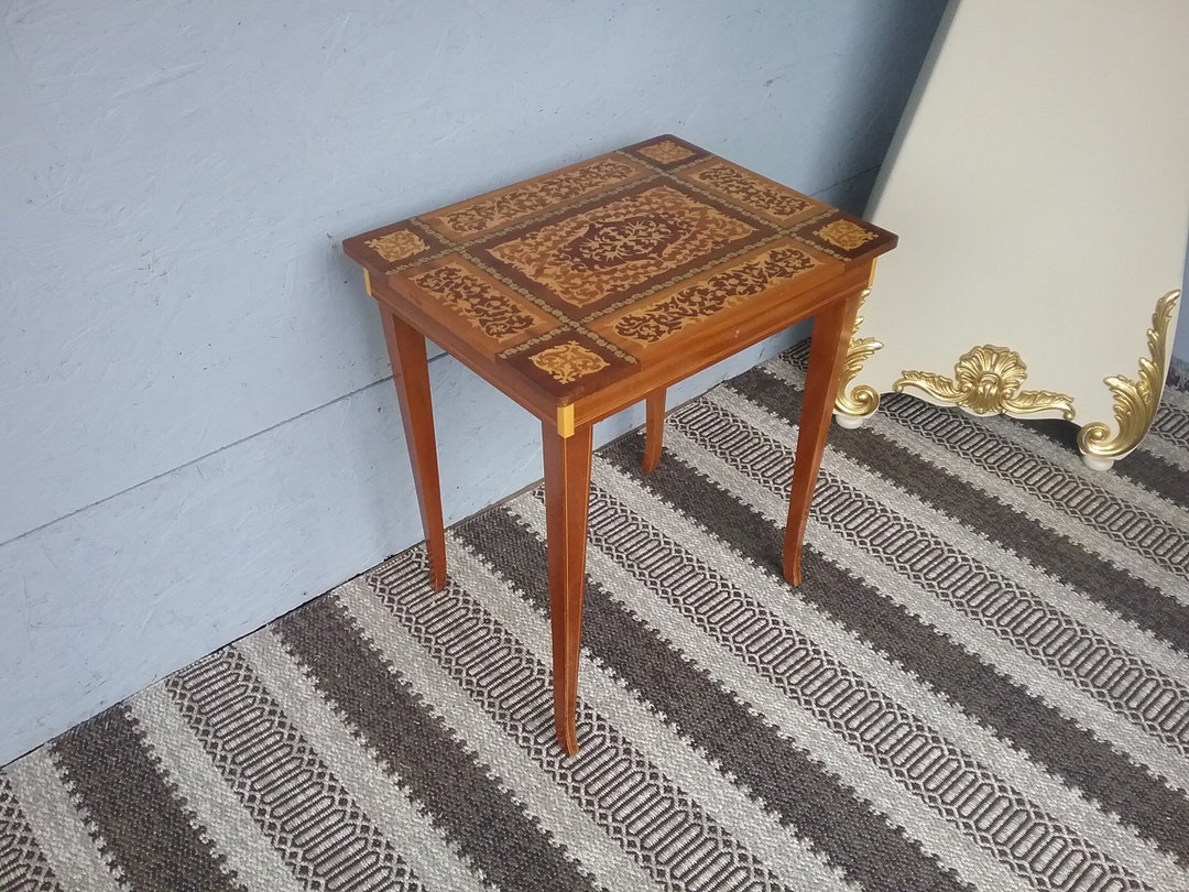 Vintage Wooden Side Table With Inlaid Top and Music Box, Mid-century ...