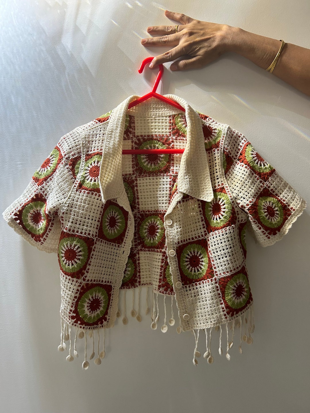 Red Green and Cream Crochet Shirt With Tassles - Etsy