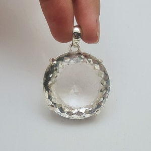 Big Round Natural Crystal Quartz Pendant 925 Sterling Silver, Faceted ...
