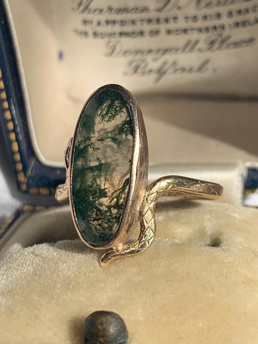 SUPERB Victorian ANTIQUE Moss Agate 9ct 9K Gold SNAKE Ring Memento Mori ...