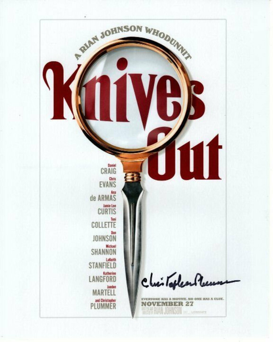 Christopher Plummer Signed Autographed 8x10 Knives Out Harlan Thrombey ...