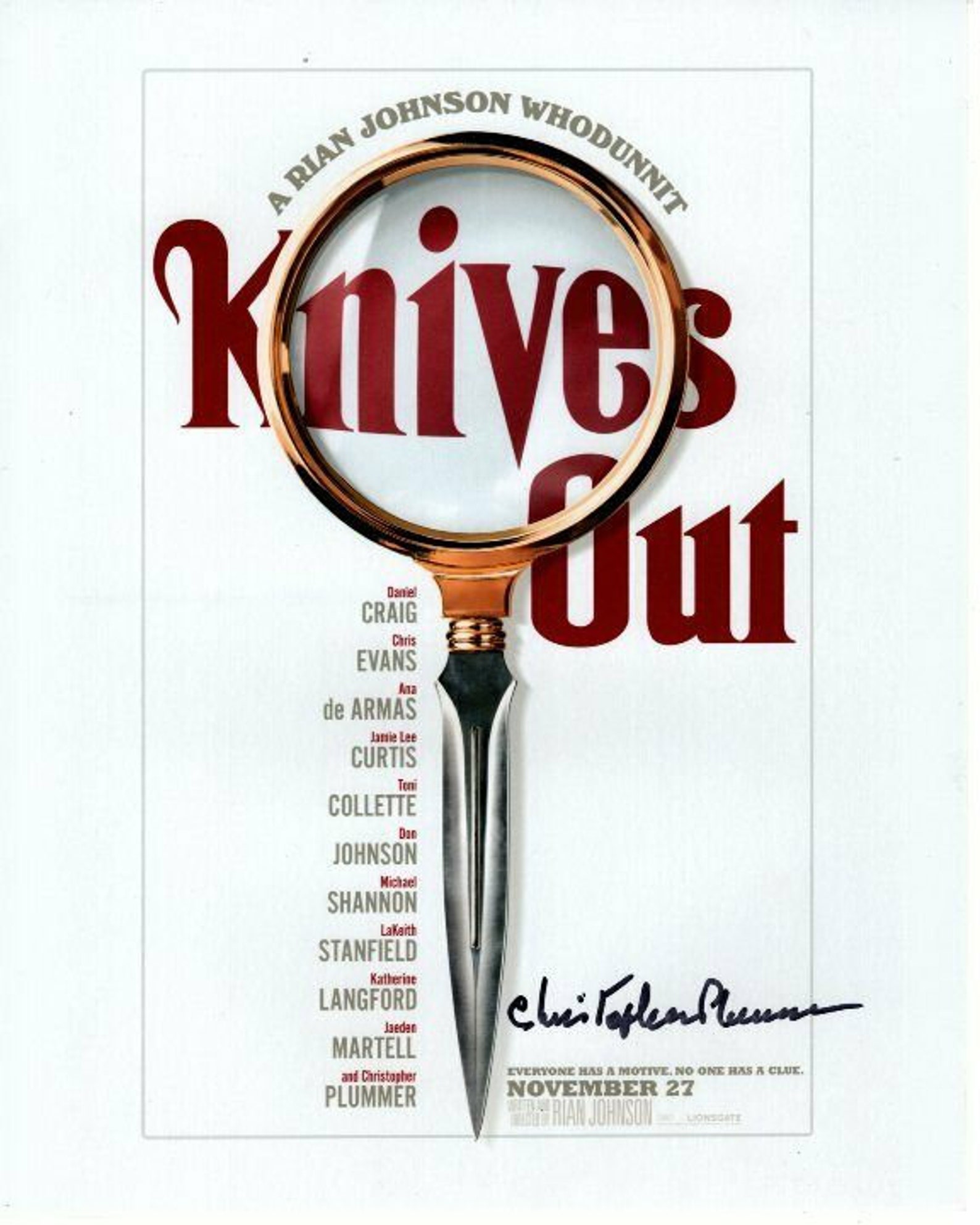Christopher Plummer Signed Autographed 8x10 Knives Out Harlan Thrombey ...