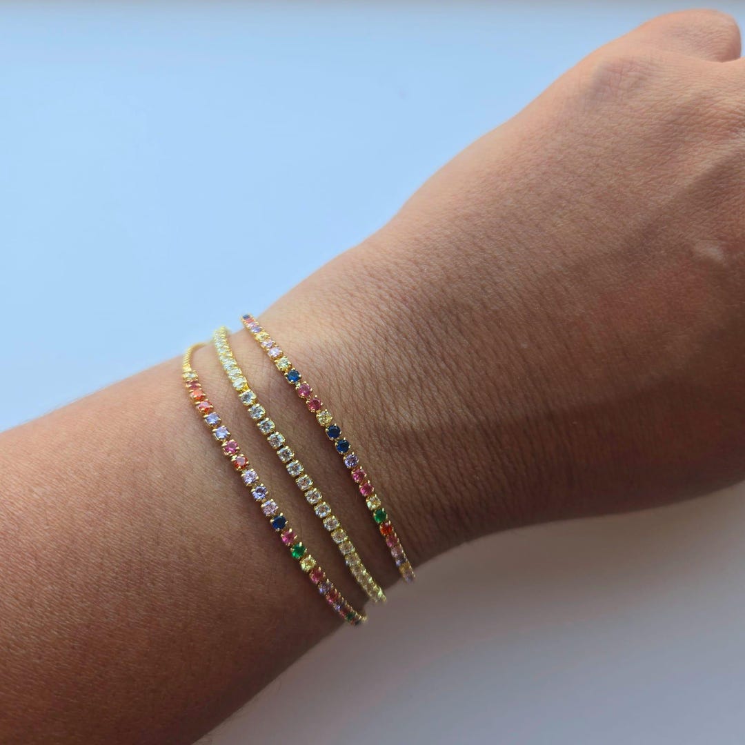Rainbow Tennis Bracelet: 18K Gold Plated Brass, Multicolor Stone ...