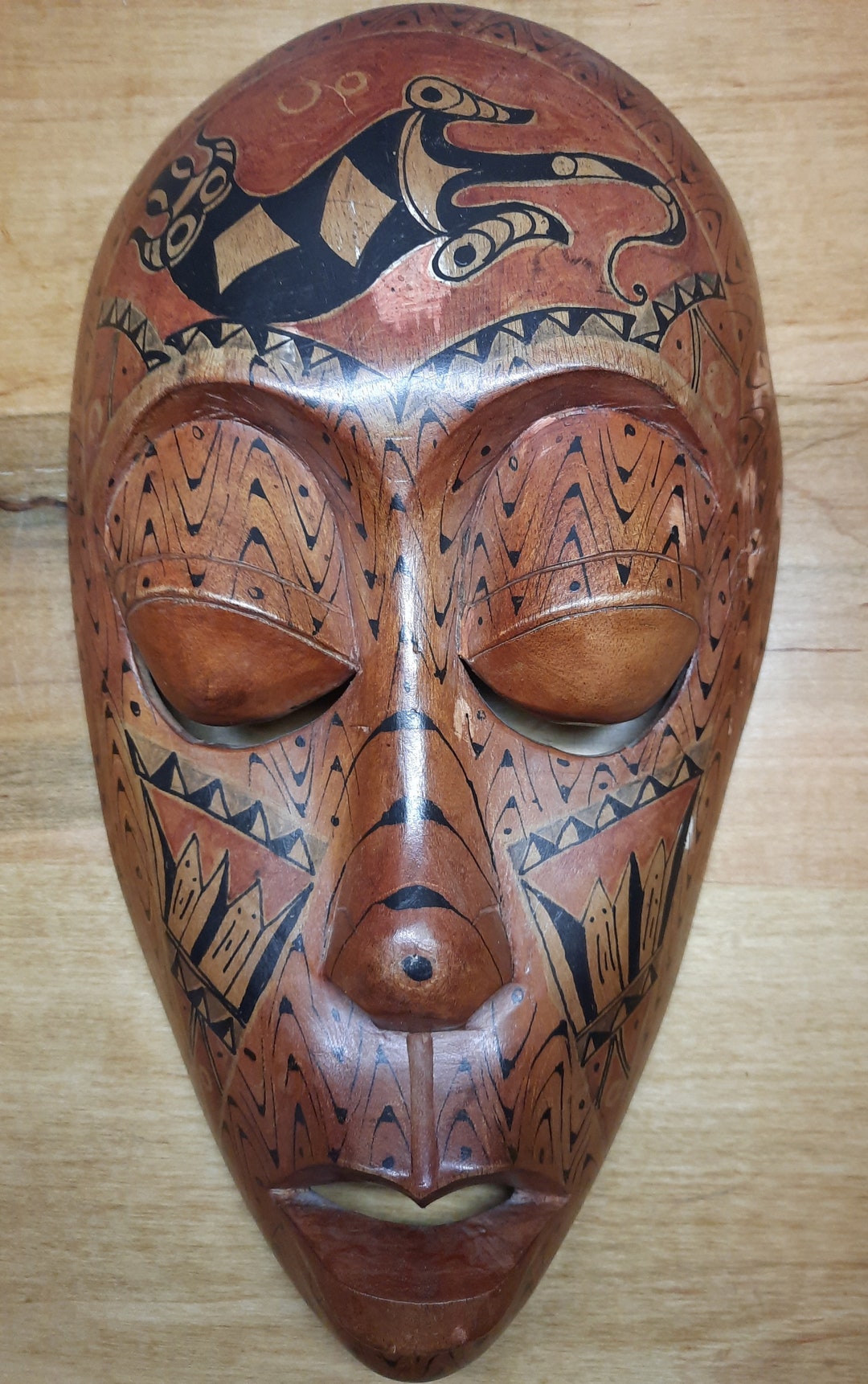 Indonesian Hand Carved Wood Tribal Mask Wall Art Wonderful Vtg Cond ...
