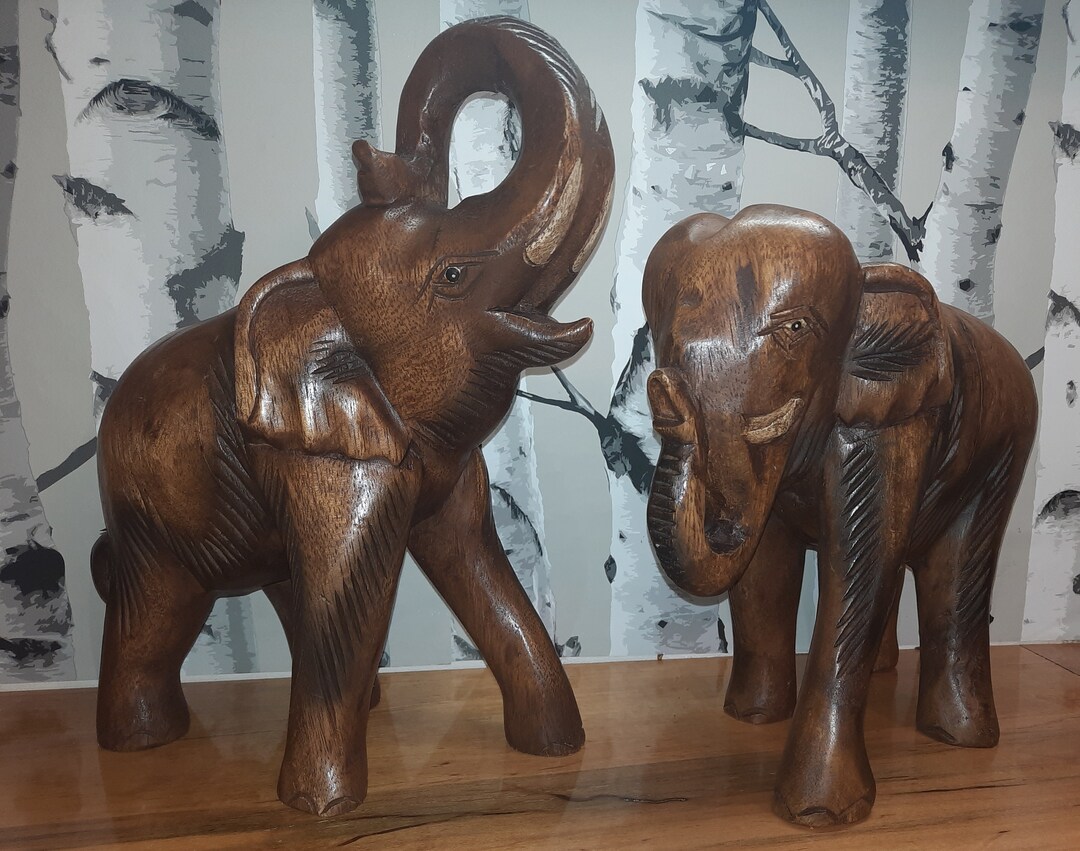 Teak Wood Elephants Set 2 Hand Carved Large 12" Tall, Thailand - Etsy