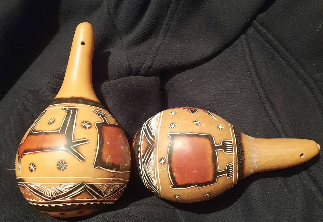 Peruvian Folk Art Gourd Maracas Rattles Metal Inside Musical Sound ...
