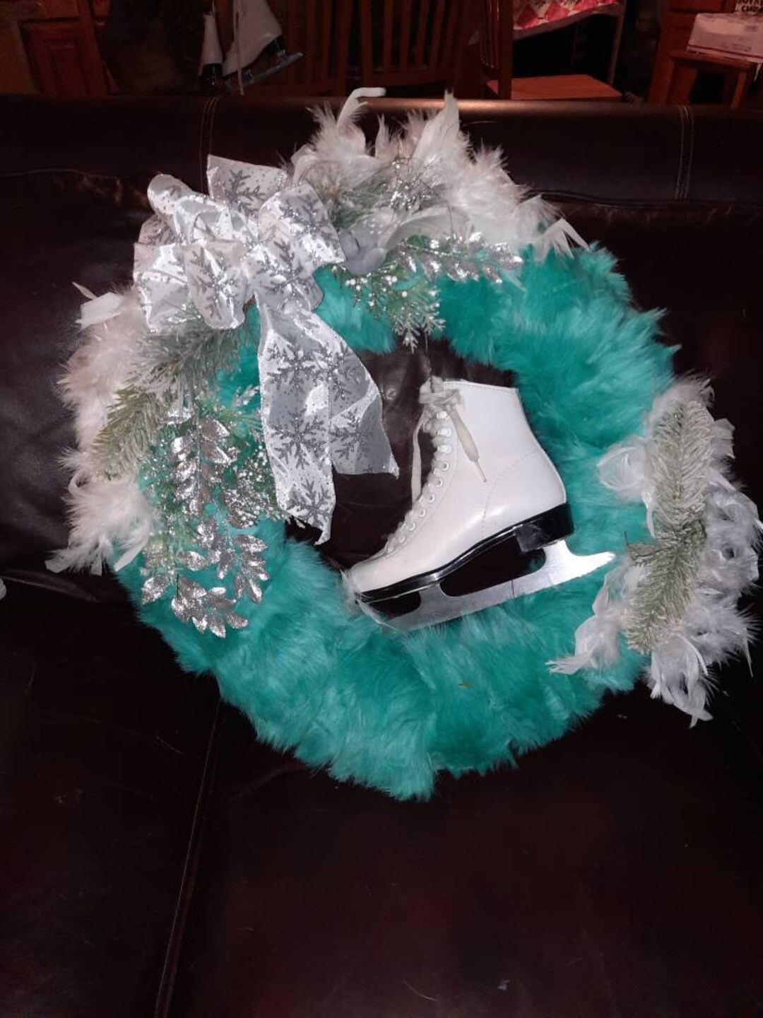 Ice Skate Wreath Fuzzy Aqua Blue; Winter Christmas Winter Holiday 18 ...