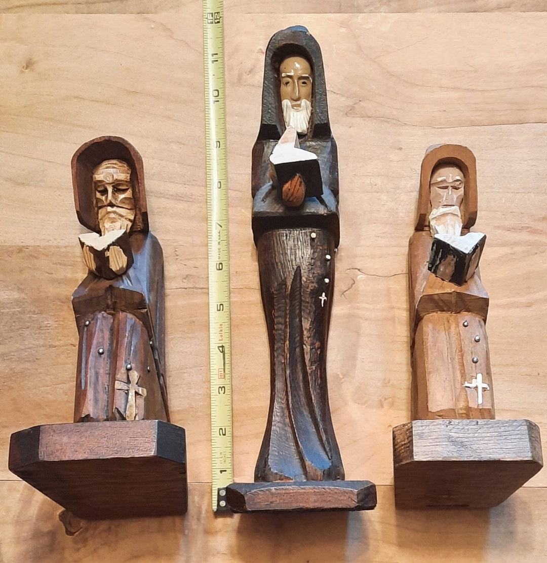 Vintage Hand Carved Monk Figures Bookends Set/3 - Etsy