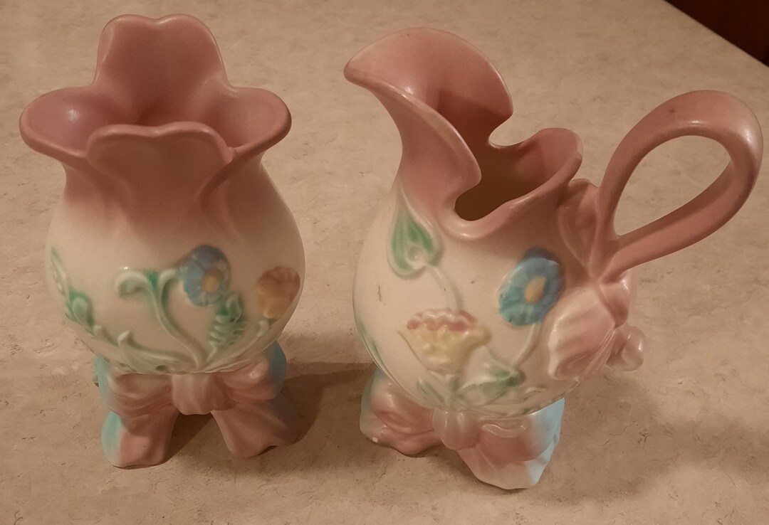 Hull Pottery Pink Blue Bow Knot Vase and Pitcher No Cracks or Chips ...
