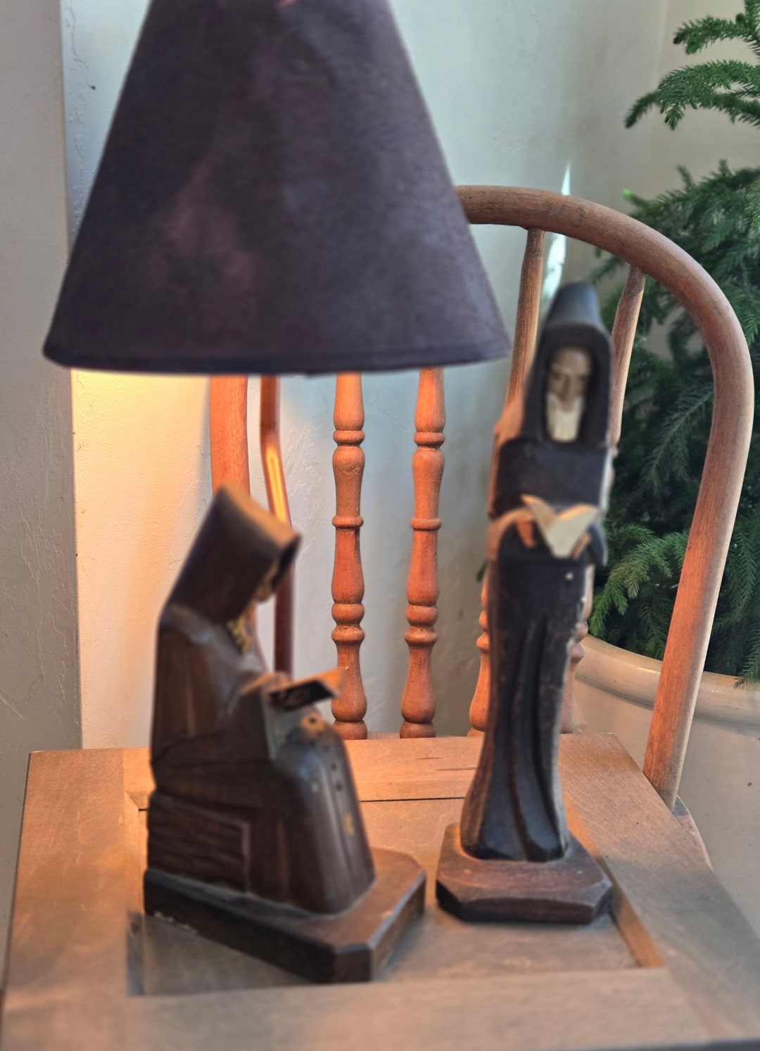 Monk Tabletop Lamp With Two Hand Carved Vintage Figures Handcrafted ...