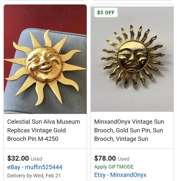 Figural Smiling Sun Brooch and Clip Earrings Gold Ton… - Gem