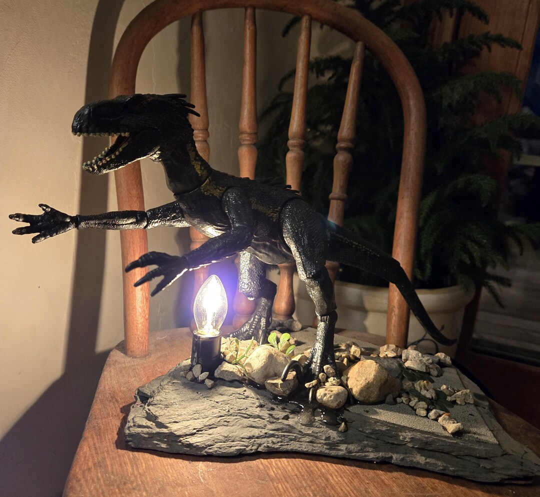 Black Raptor Dinosaur Accent Lamp/nightlight Upcycled Handcrafted Boys ...