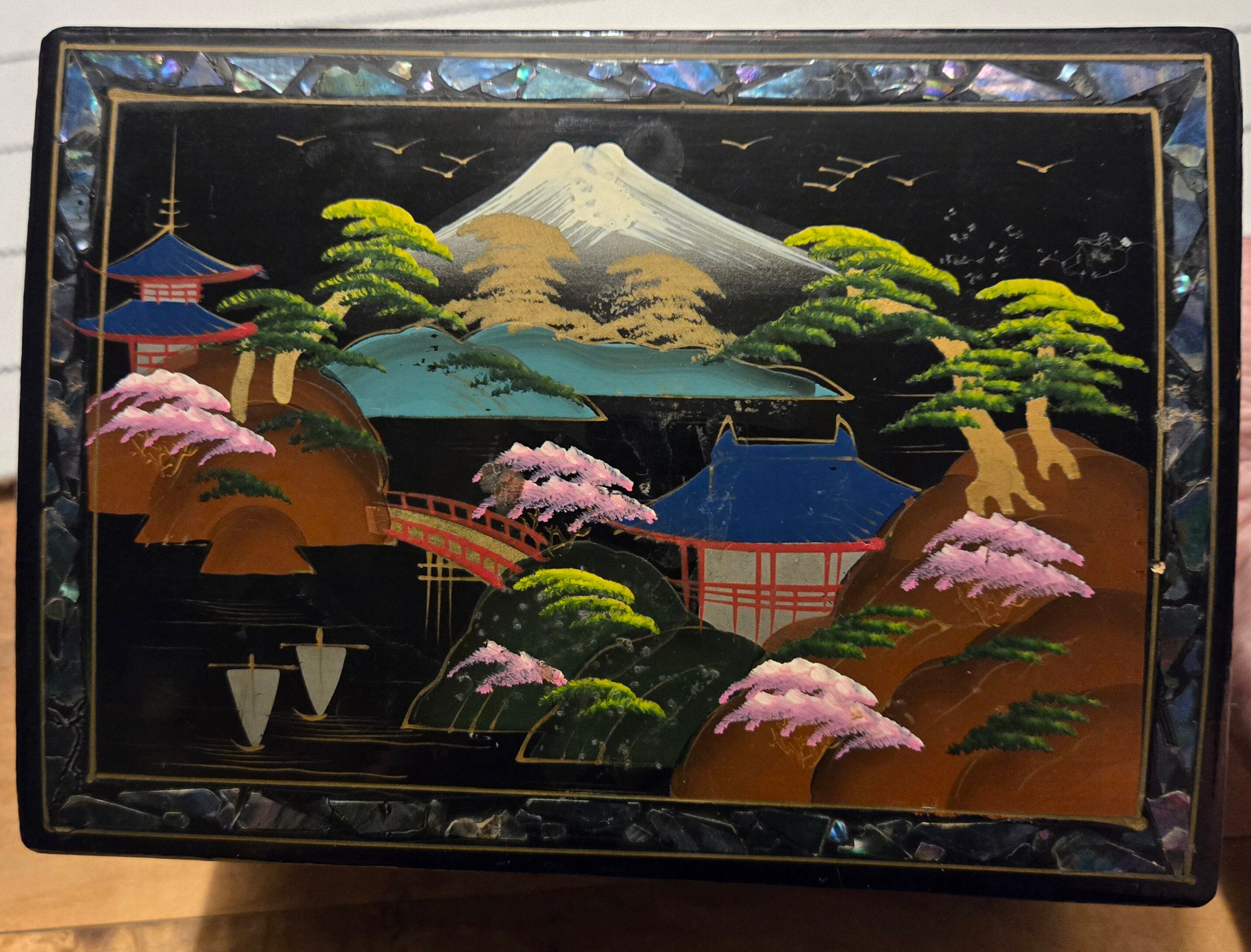 Japanese Black Lacquer Mt Fuji Music Jewelry Box 1940s Mint Condition ...