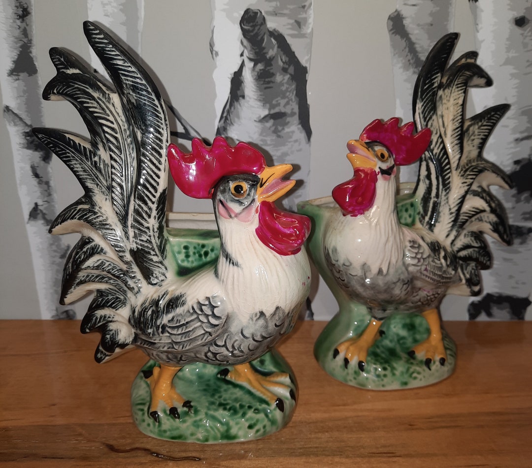 Rooster Planters, Black and White Ceramic - Pair Vintage 1950s SALE Was ...
