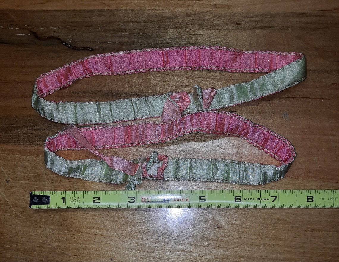 Silk Garters Pink Green Rose Ribbon Work Antique Renactor Wedding Night ...