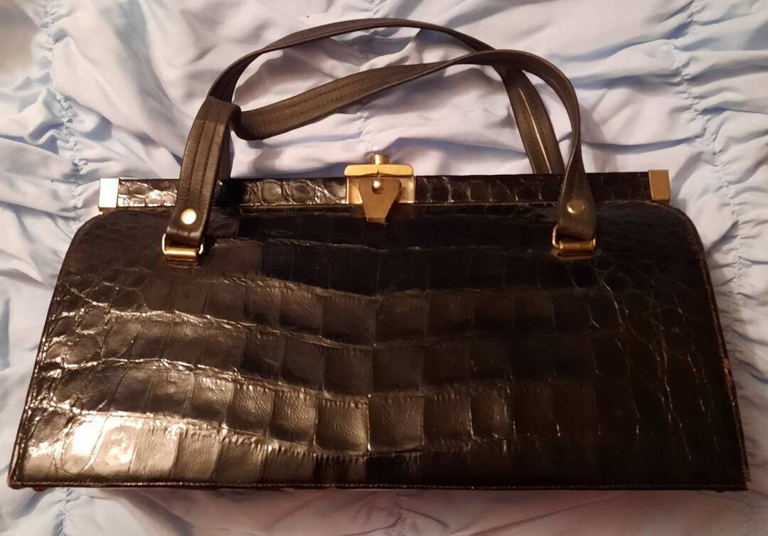Bellestone Black Patent Genuine Alligator Handbag Gold Hardware Double ...