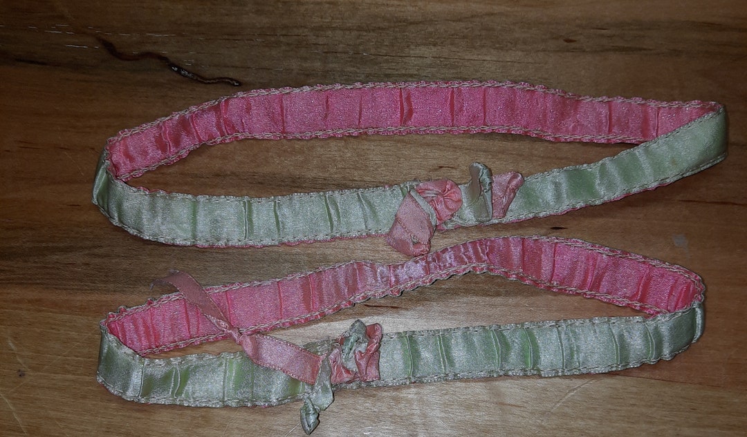Silk Garters Pink Green Rose Ribbon Work Antique Renactor Wedding Night ...