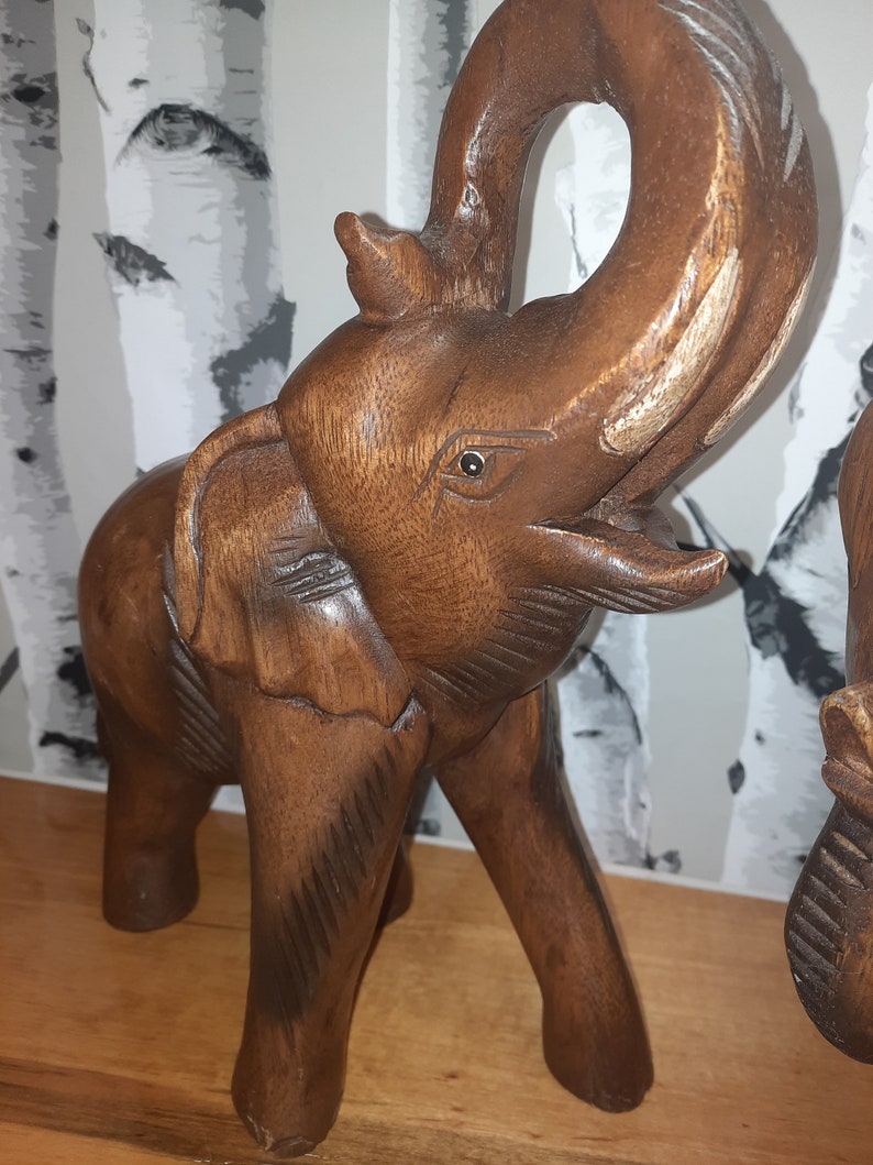 Teak Wood Elephants Set 2 Hand Carved Large 12" Tall, Thailand - Etsy