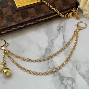 Double Chain Bag Charm. Gold Tone Metal Chains With Pearl and Gold Ball ...