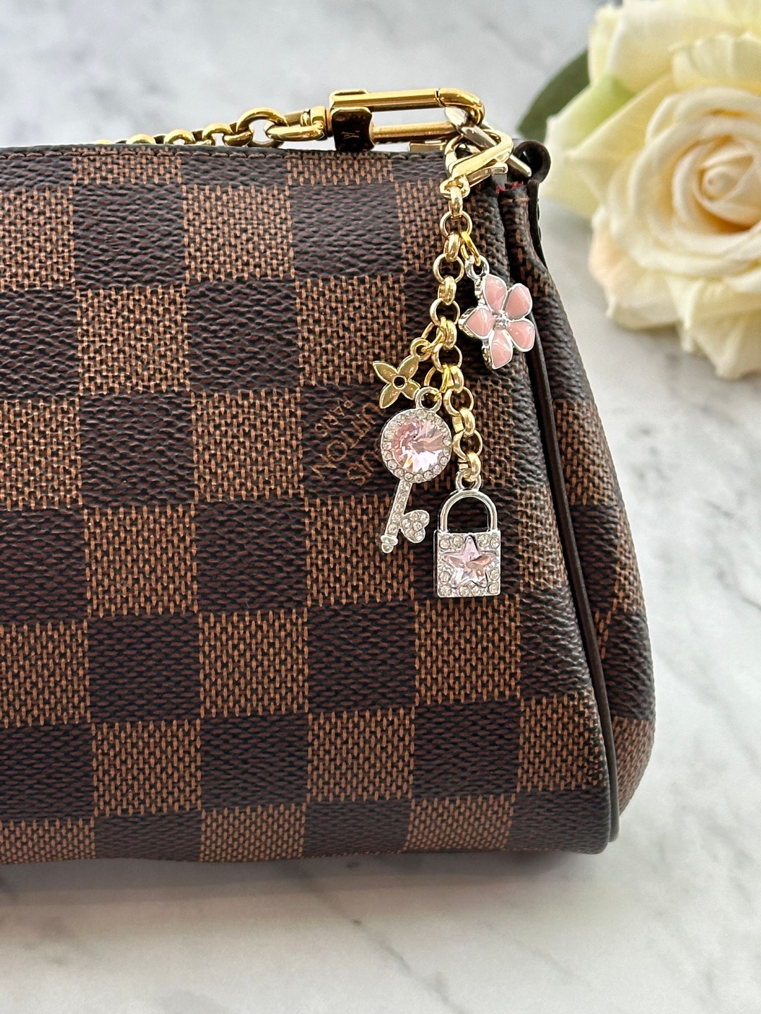 Mini Crystal Lock and Key Charm, With Blossom. 2-tone Gold/silver ...