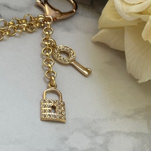 Gold Tone Double Chain Bag Charm: Rhinestone Lock & Key - Etsy