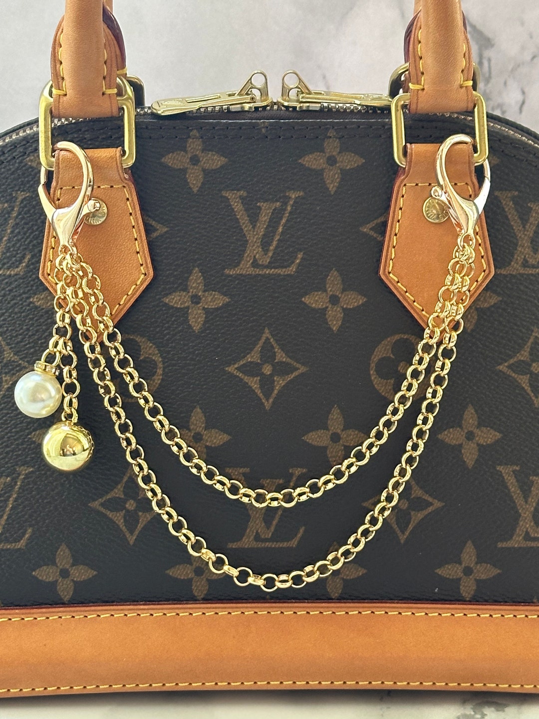 Double Chain Bag Charm. Gold Tone Metal Chains With Pearl and Gold Ball ...